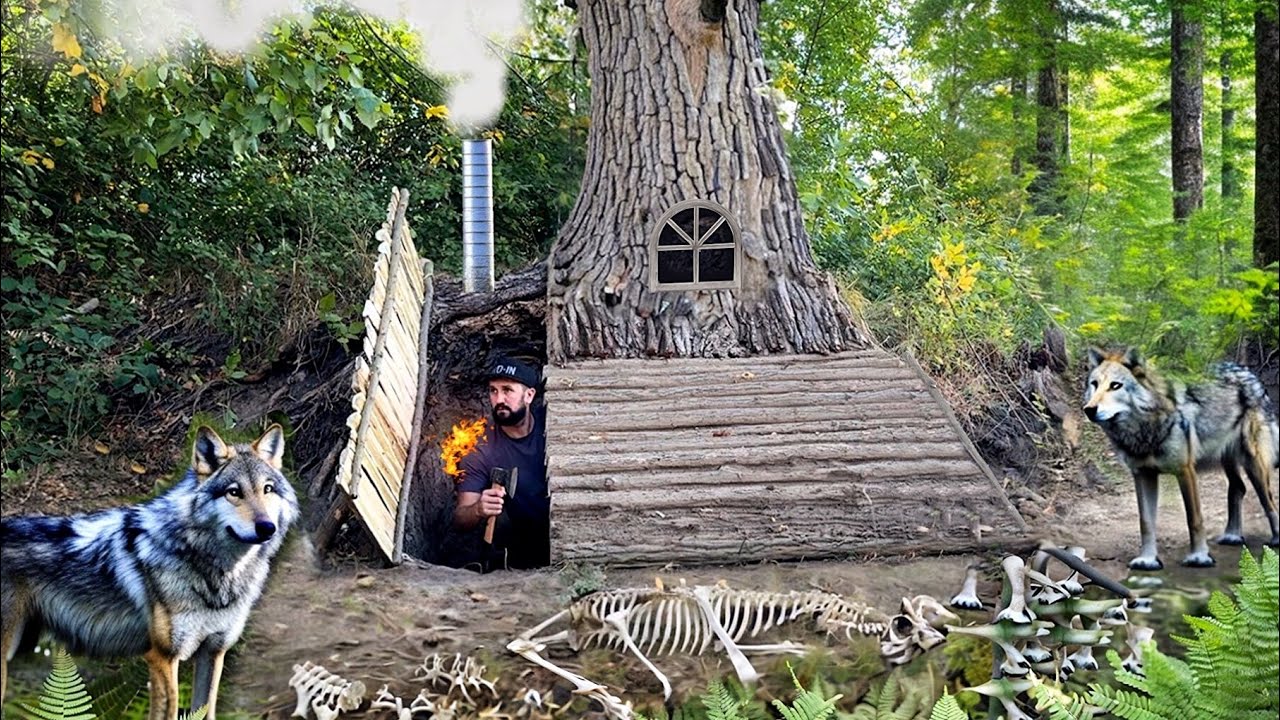 Building a Secret Shelter in a Wolf’s Den – Surrounded by Wolves - Tiny ...